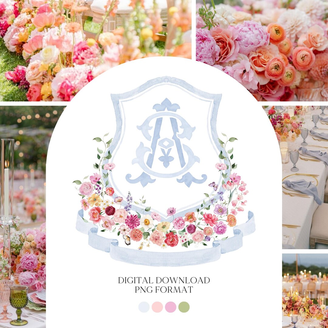 Wildflower Pink Flower Wedding Crest - Monogram Crest - Floral Luxury ...