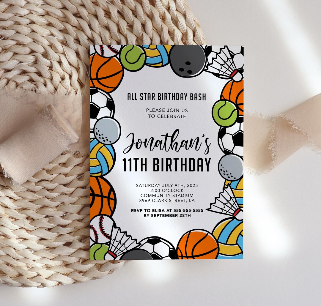 Editable Sports Birthday Invitation, Baseball Football Basketball ...