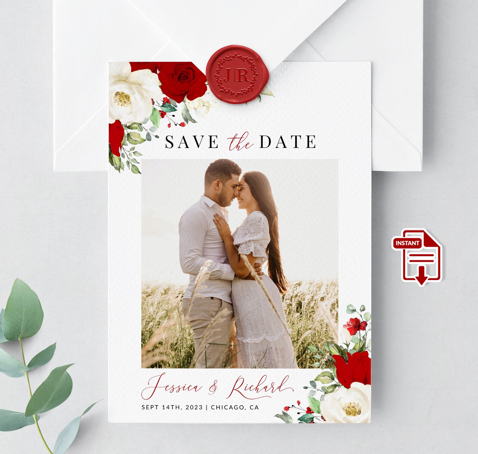 ROSIE Red Floral Photo Save the Date, Red and White Roses Save the Date ...