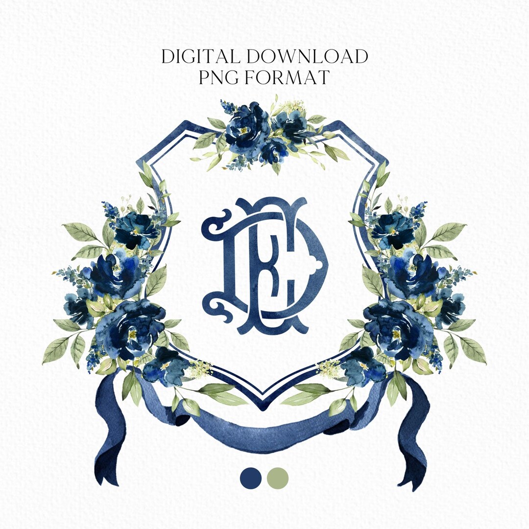 Border Navy Blue Greenery Flower Wedding Crest Monogram Crest Navy Blue ...