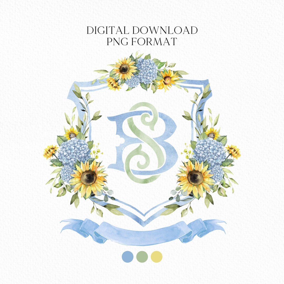 Sunflowers Dusty Blue Hydrangea Flower Wedding Crest - Monogram Crest ...