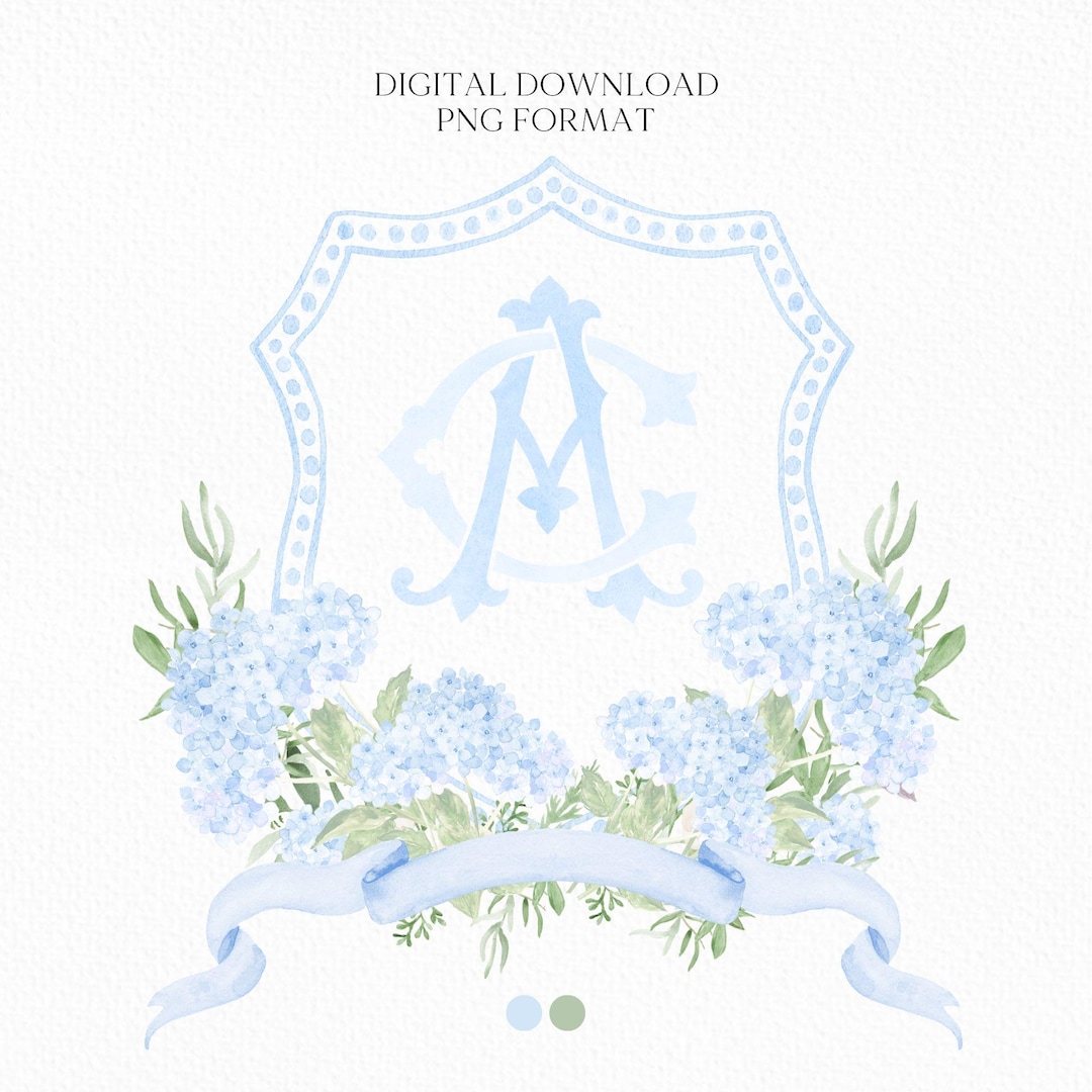 Blue Hydrangea Flower Wedding Crest - Monogram Crest - Hydrangea Light ...