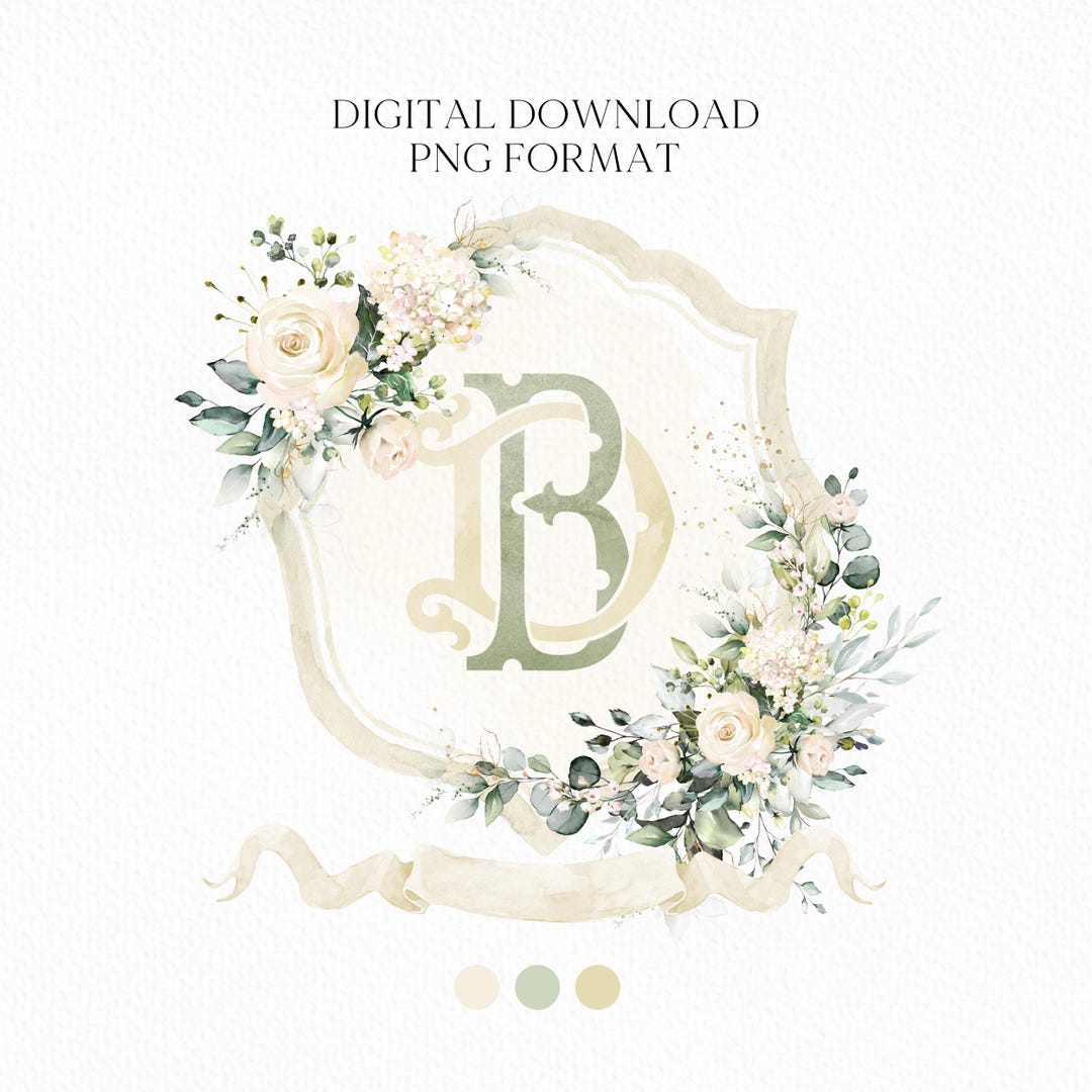 Creamy Rose Ivory Greenery Gold Flower Wedding Crest Monogram Crest ...
