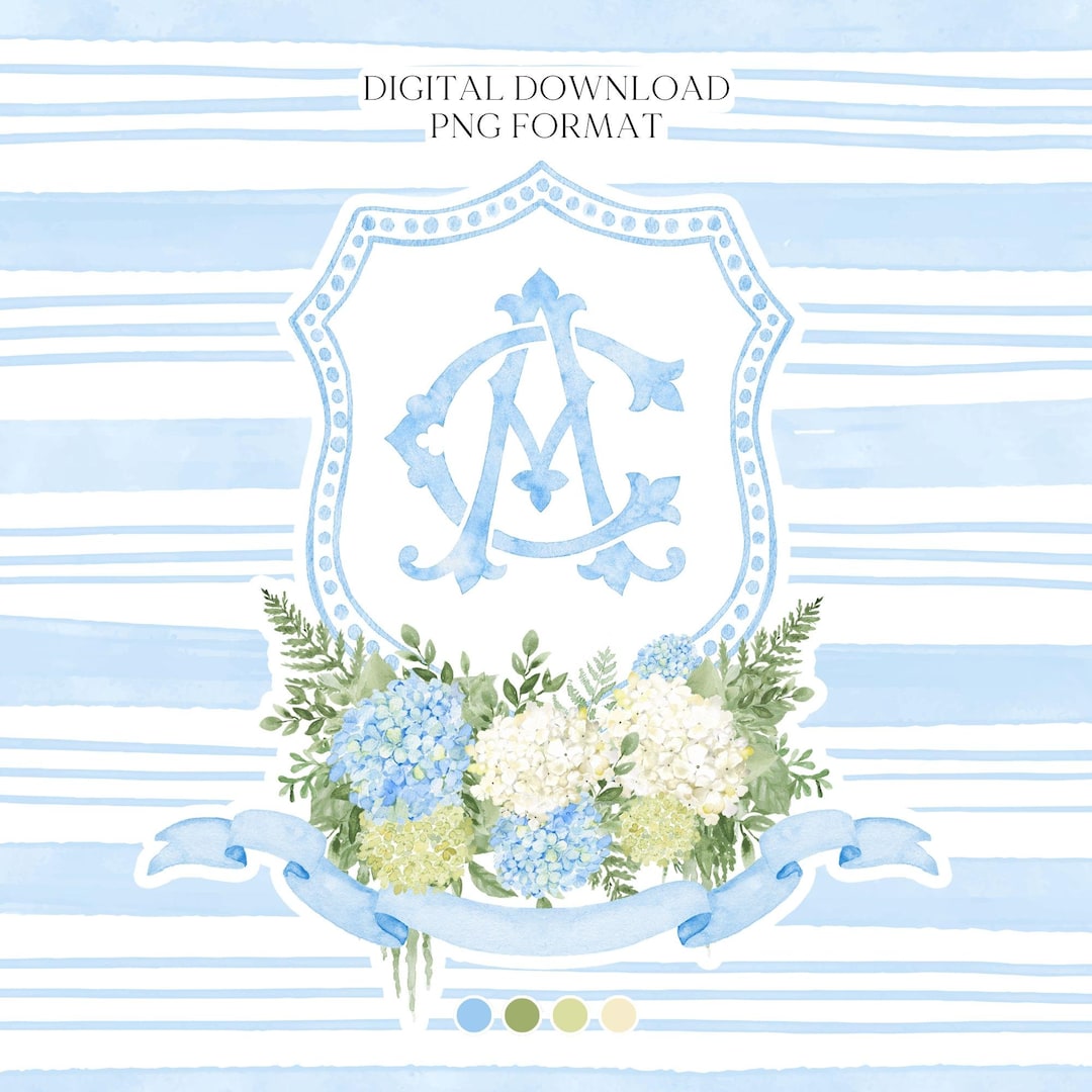 Blue Hydrangea Flower Wedding Crest - Monogram Crest - Hydrangea White ...