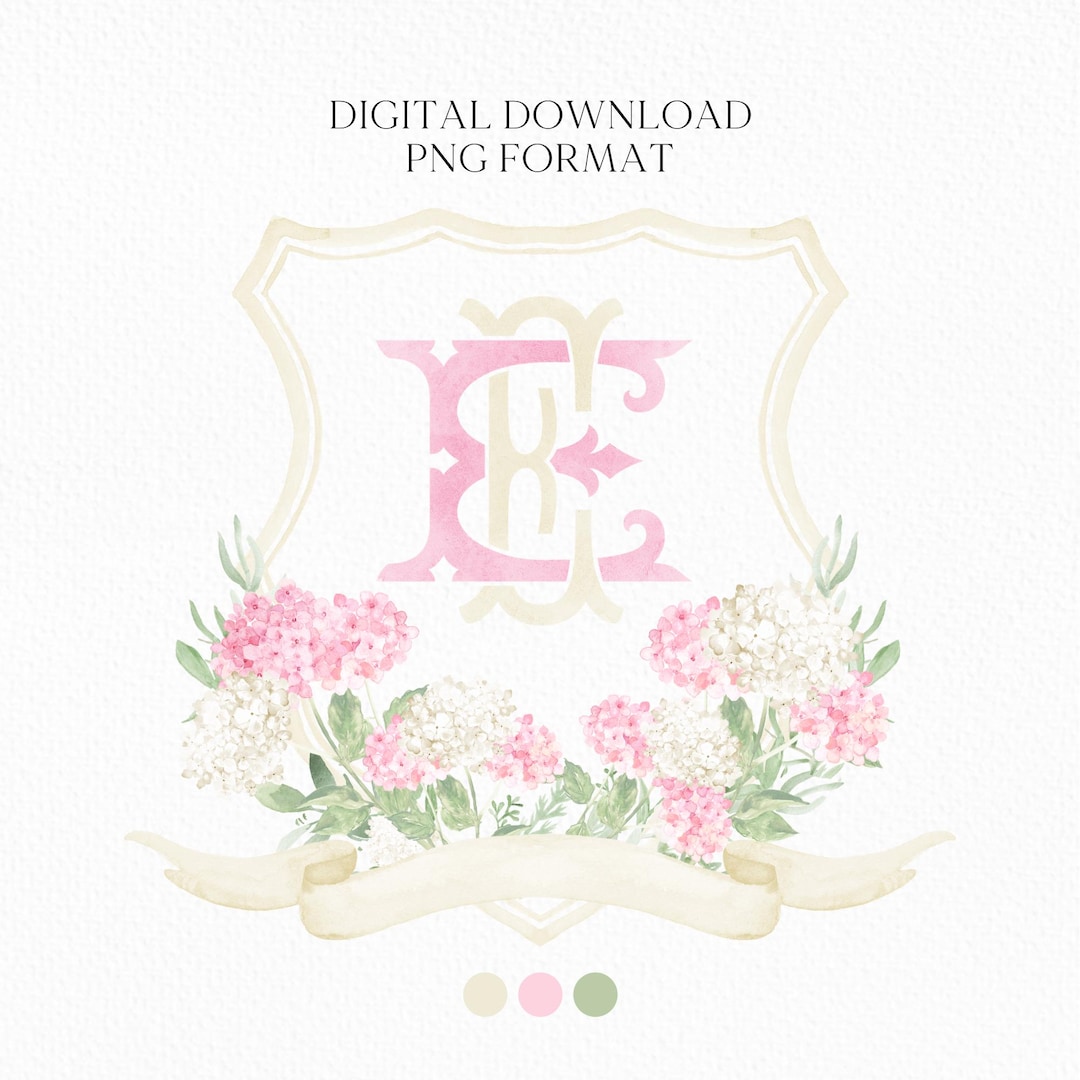 Pink White Hydrangea Flower Wedding Crest - Monogram Crest - Hydrangea ...