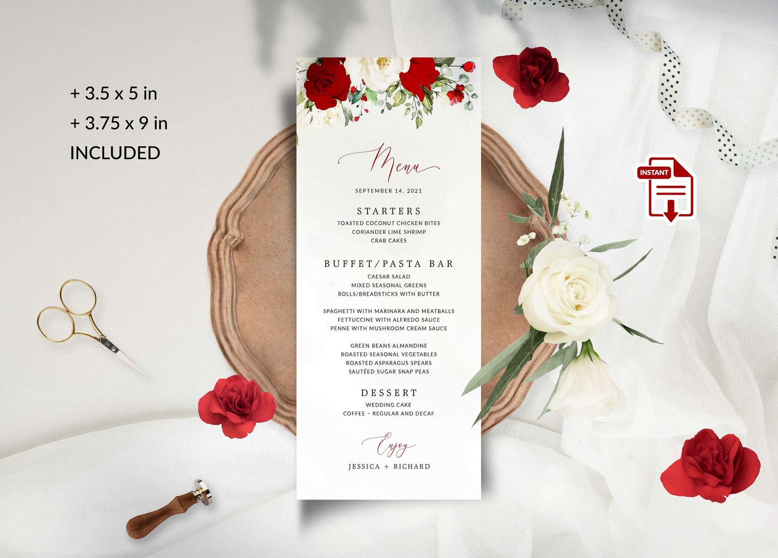 ROSIE - Red Floral Wedding Menu Card Template, Red and White Roses Menu ...