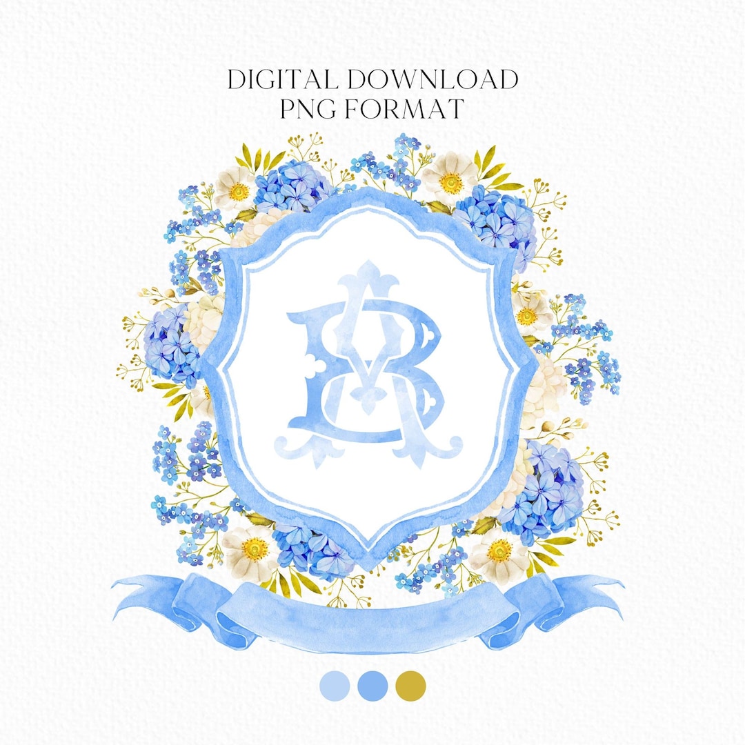 Blue White Hydrangeas Floral Wedding Crest - Monogram Crest - Hydrangea ...