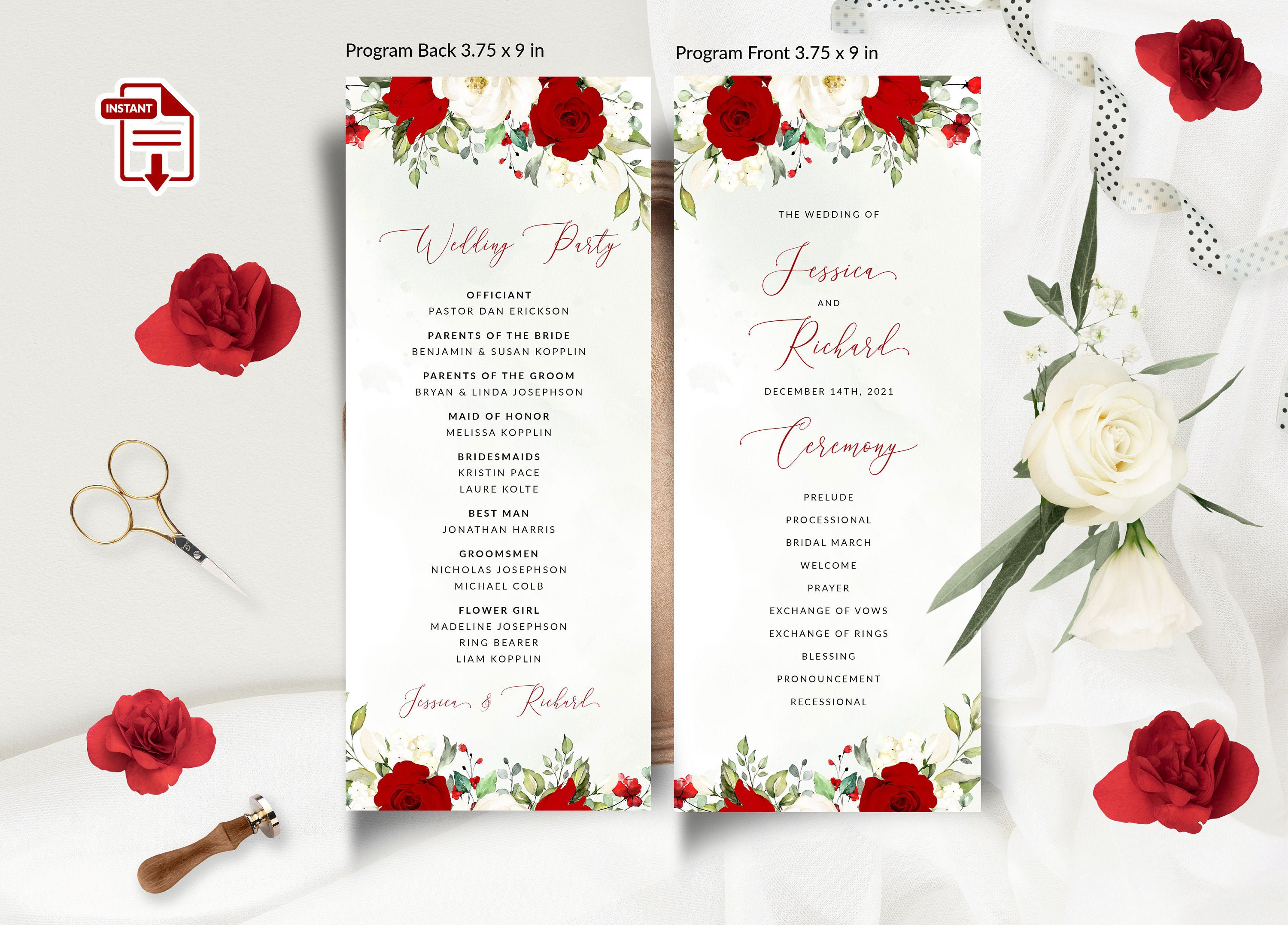 ROSIE - Red and White Roses Program, Red Roses Wedding Program, Red ...