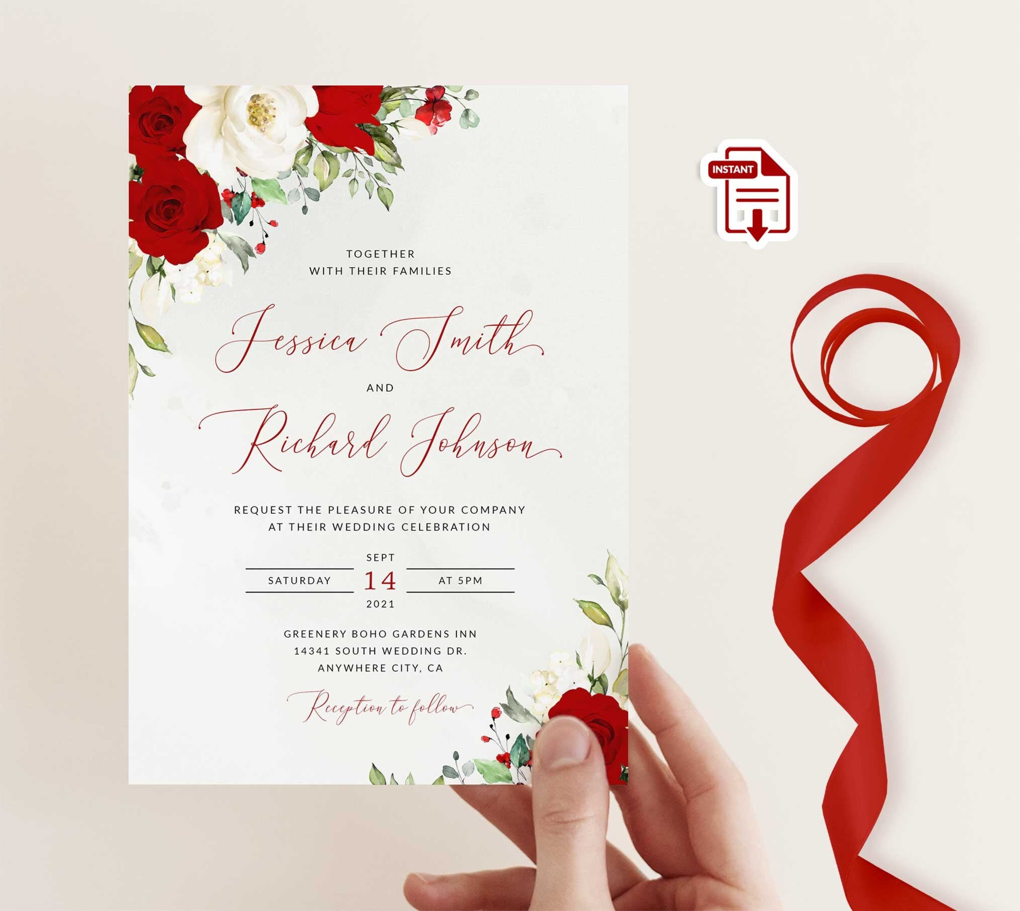 ROSIE - Invitación de rosas rojas y blancas, invitación de boda de ...