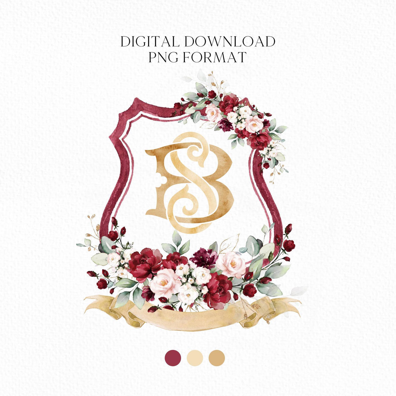 Burgundy Rose Flower Wedding Crest - Monogram Crest - Burgundy Floral ...
