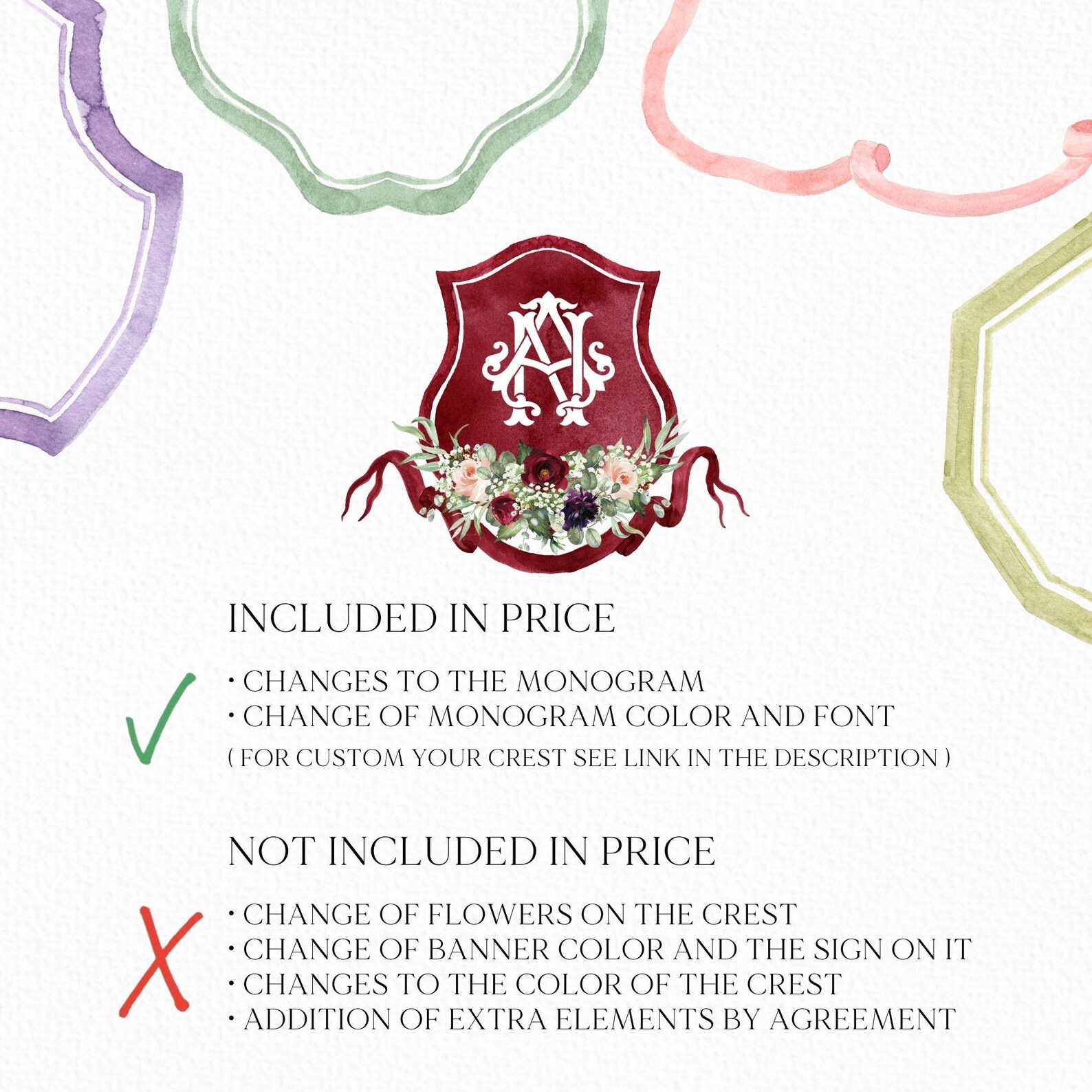 Burgundy Blush Rustic Greenery Flower Wedding Crest - Monogram Crest ...
