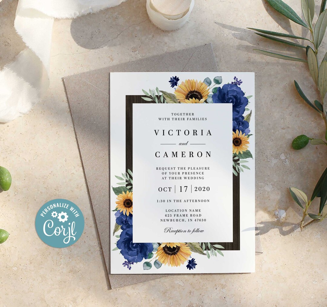 Sunflower and Roses Royal Blue Wedding Invitation, Rustic Sunflower ...