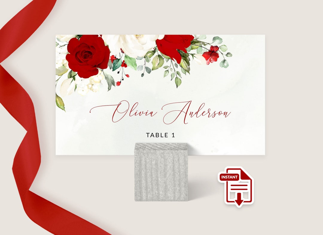 ROSIE - Printable Table Name Card, Red and White Roses Place Cards ...