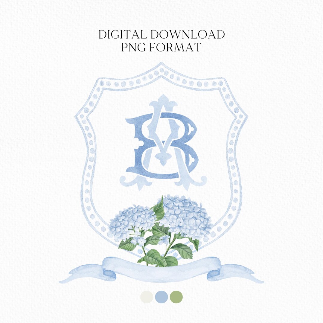 Hydrangea Blue Wedding Crest - Monogram Crest - Hydrangea Floral Luxury ...