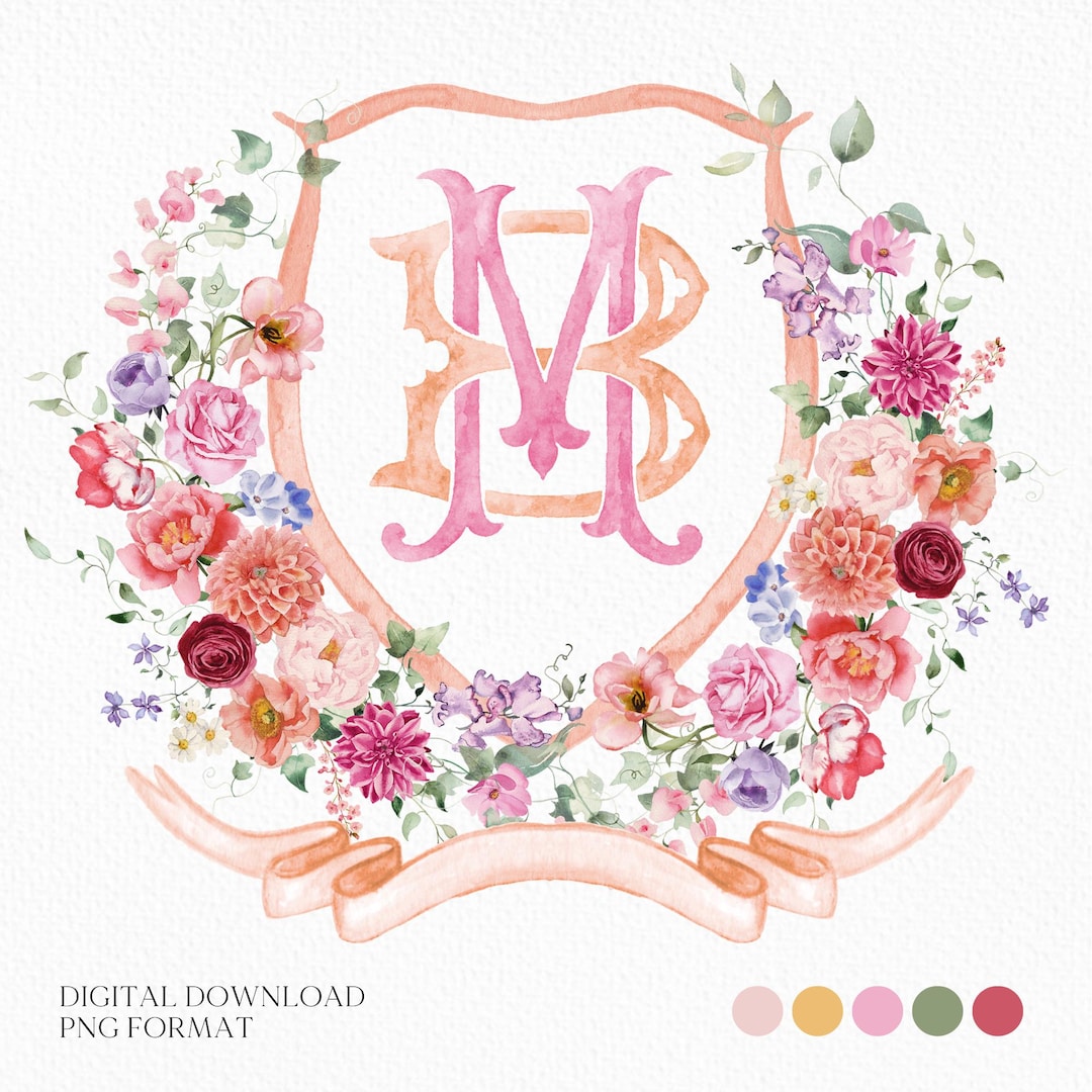 Wildflower Pink Flower Wedding Crest - Monogram Crest - Floral Luxury ...