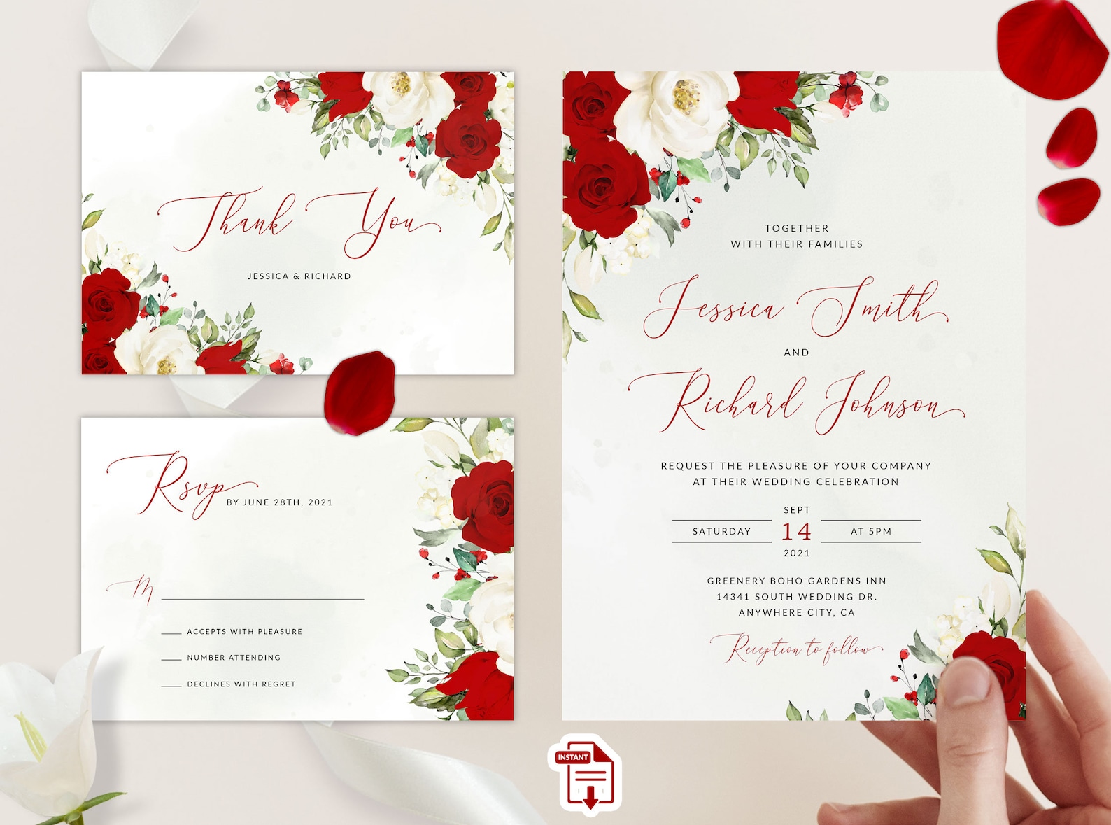 ROSIE Red and White Roses Invitation Red Roses Wedding - Etsy