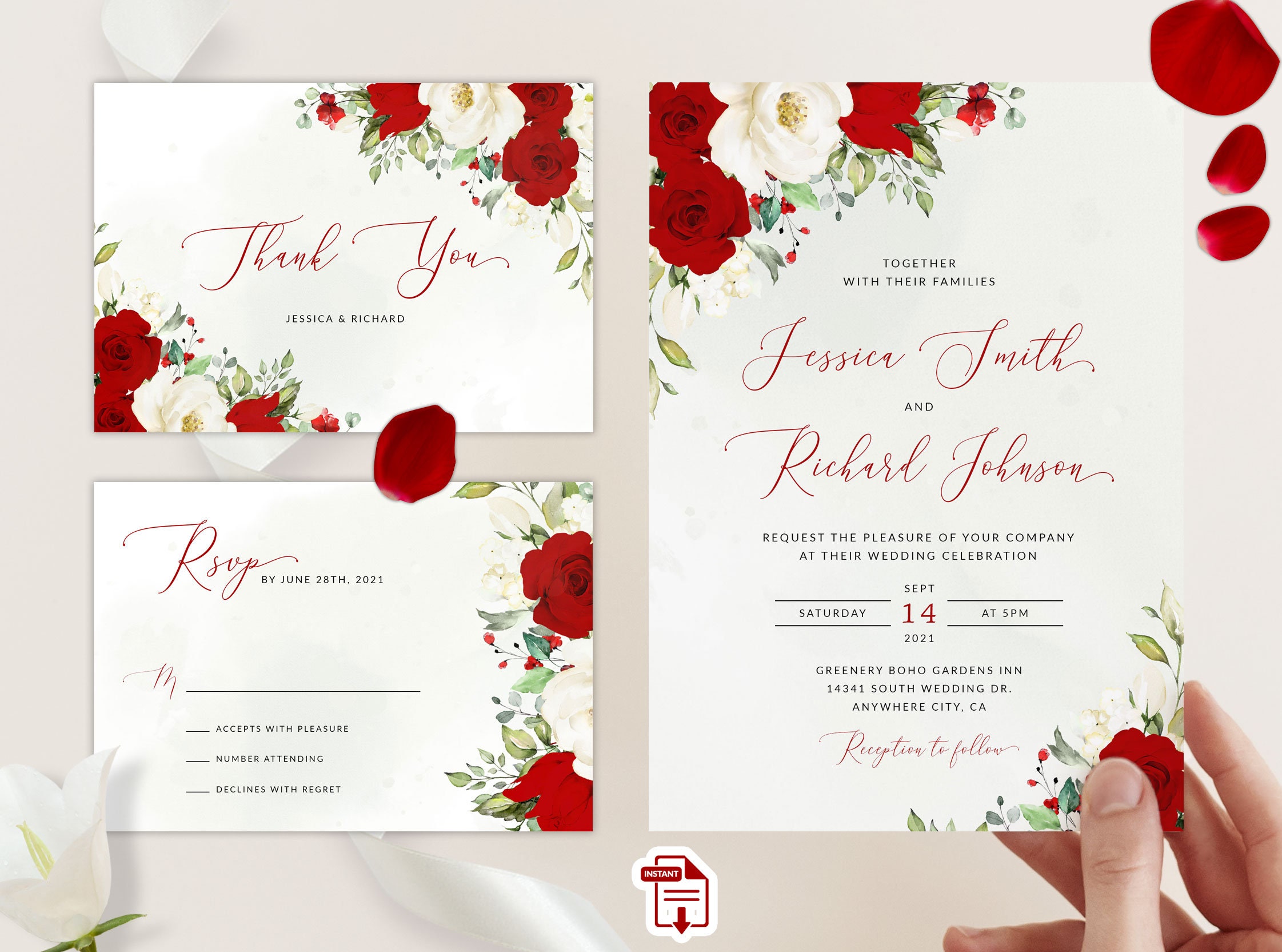 ROSIE Red and White Roses Invitation Red Roses Wedding - Etsy