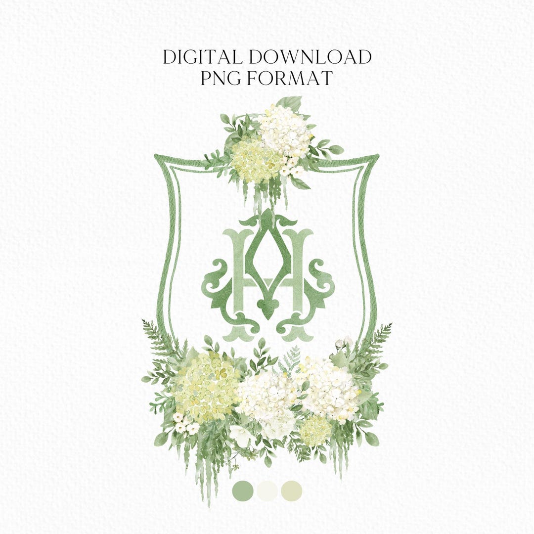 Green Hydrangea Flower Wedding Crest - Monogram Crest - Hydrangea White ...