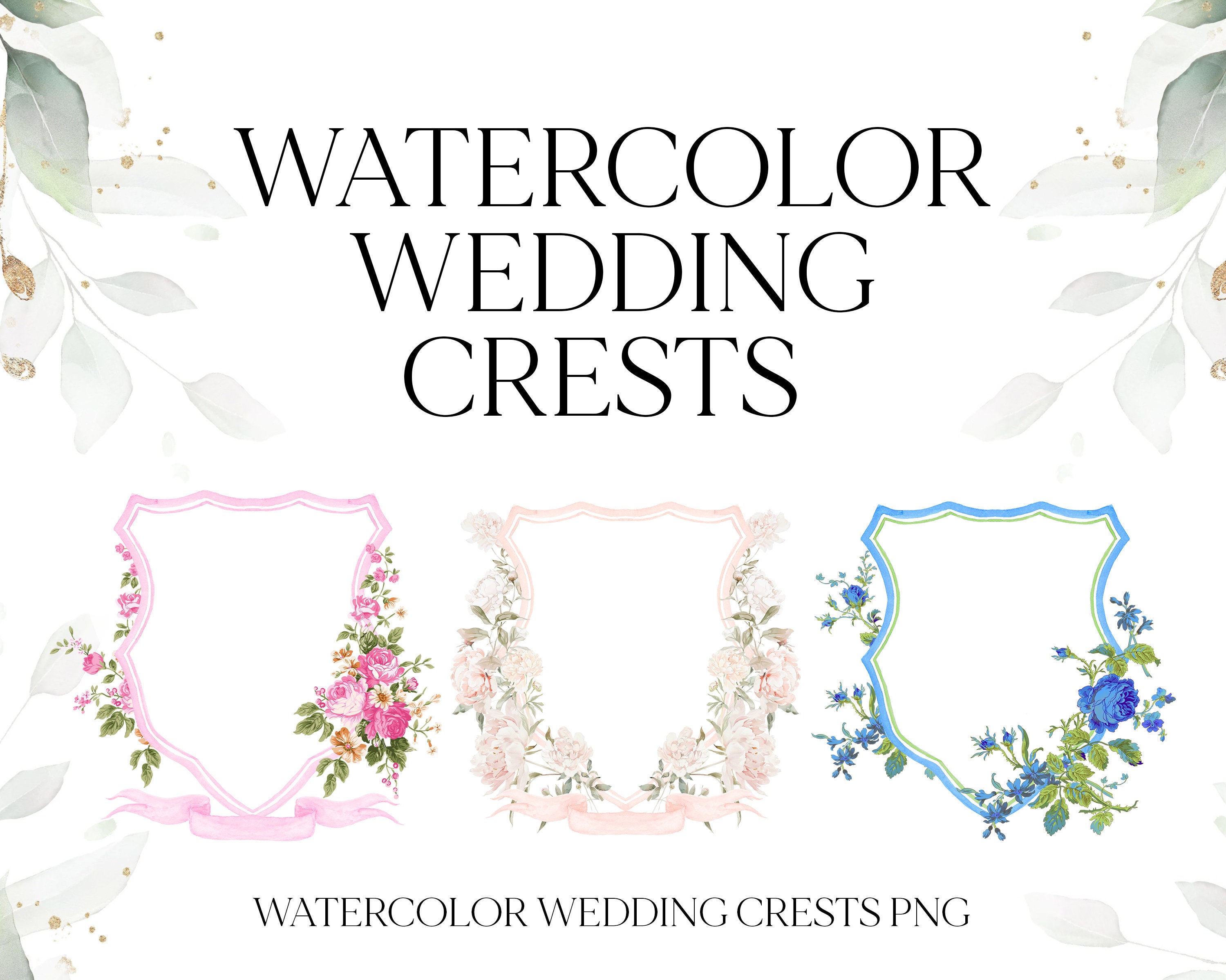 Custom Watercolor Floral Wedding Crests Clipart Ribbons Decor Light ...