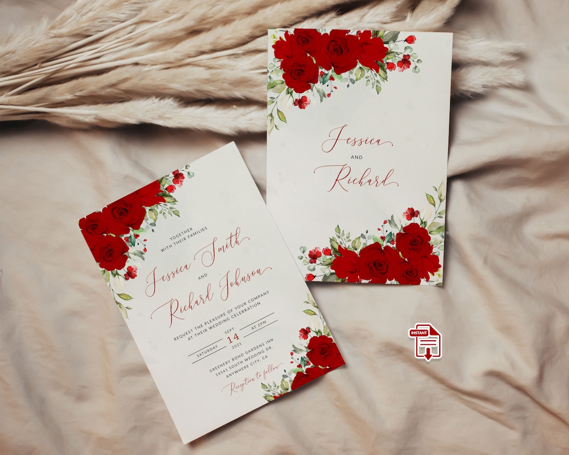 Red Roses Wedding Invitation Red Floral Wedding Invitation - Etsy