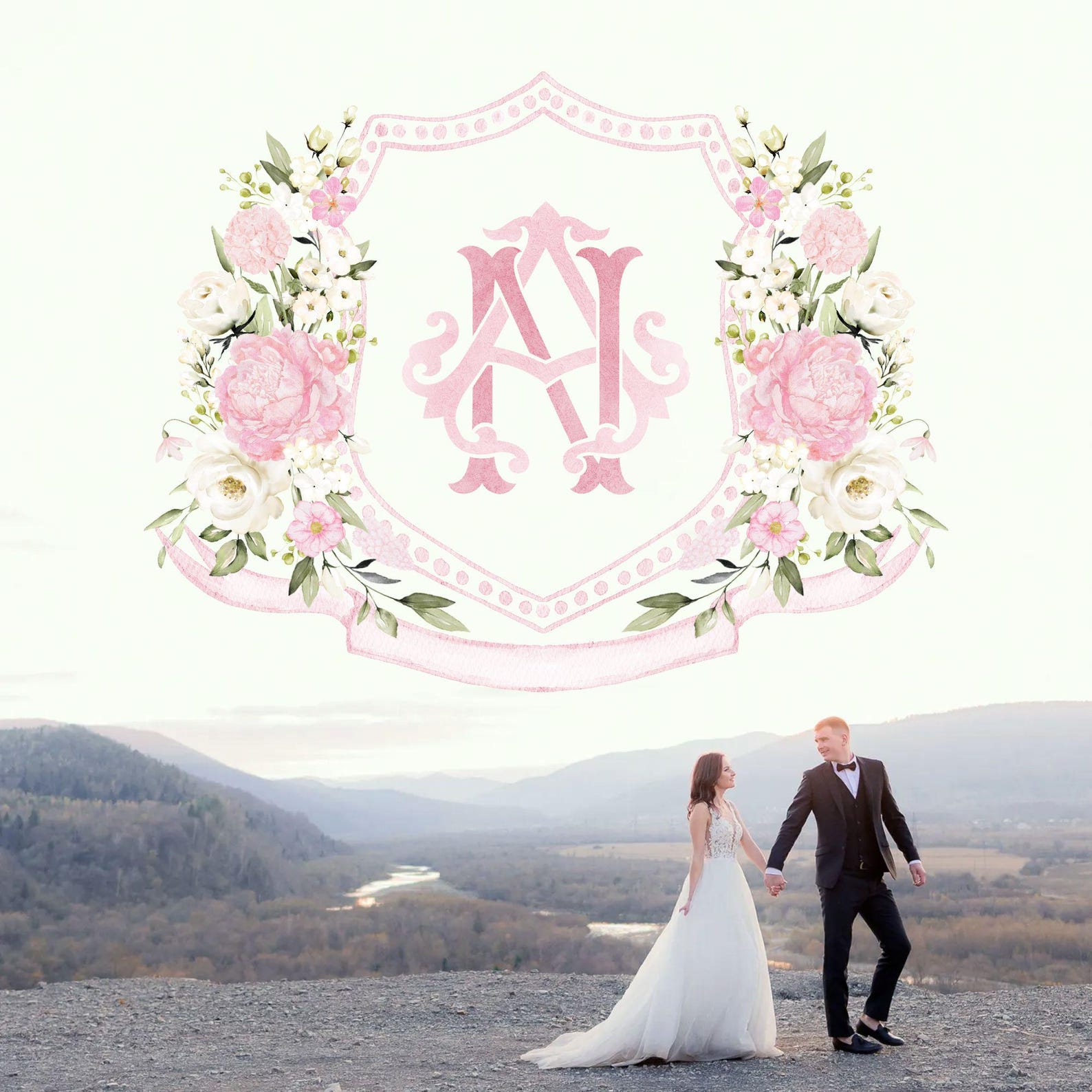 Creamy Rose Ivory Pink Peony White Flower Wedding Crest - Monogram ...