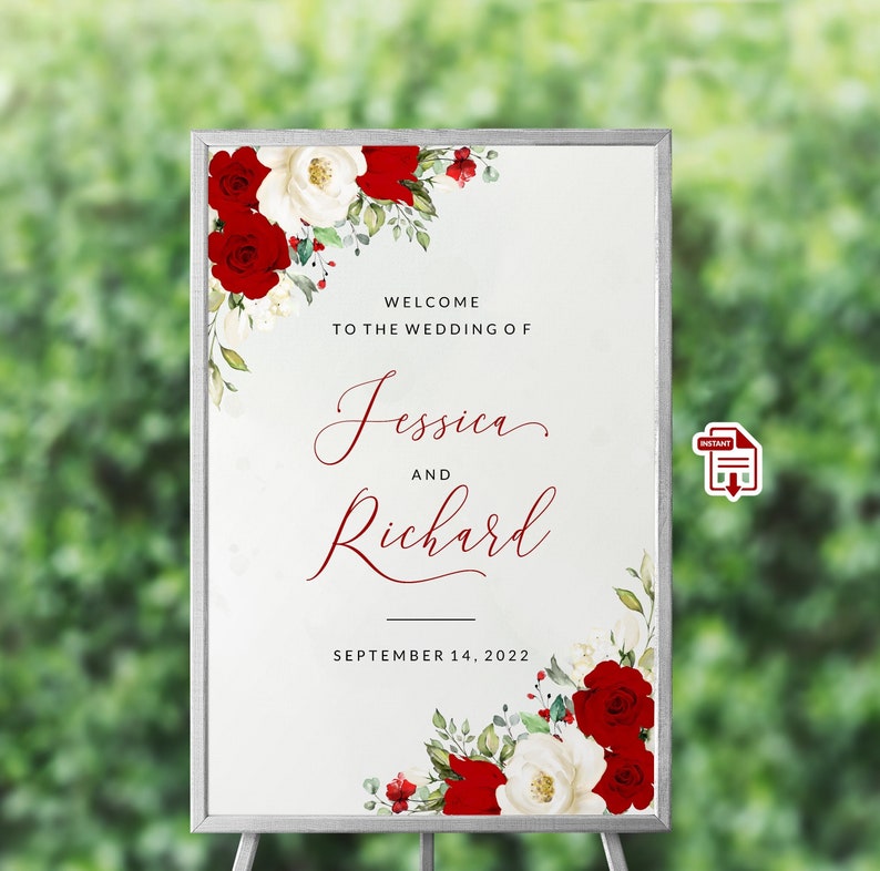 ROSIE Red and White Roses Wedding Welcome Sign, Red Roses Wedding Sign ...