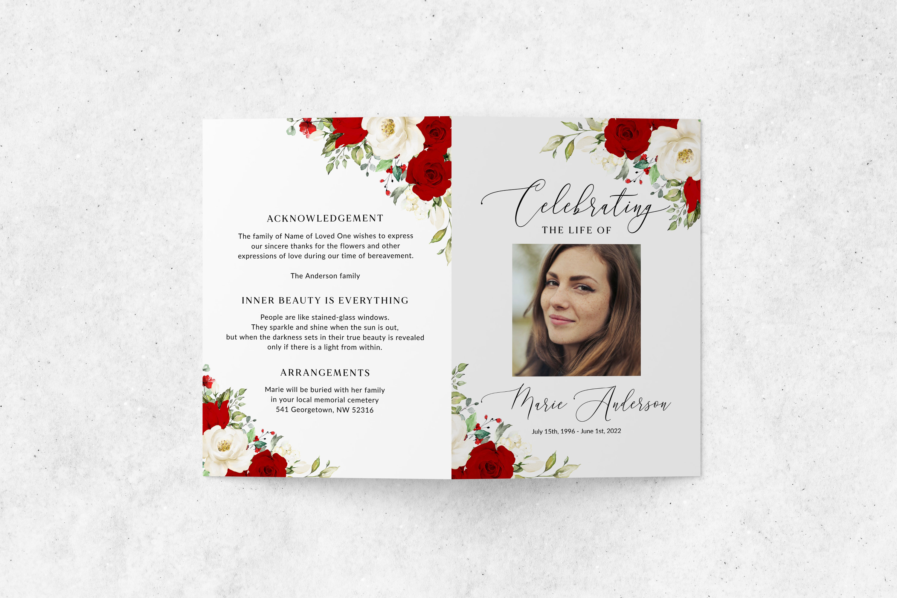 Funeral Program Template, Red Roses Funeral Program Template, Memorial ...