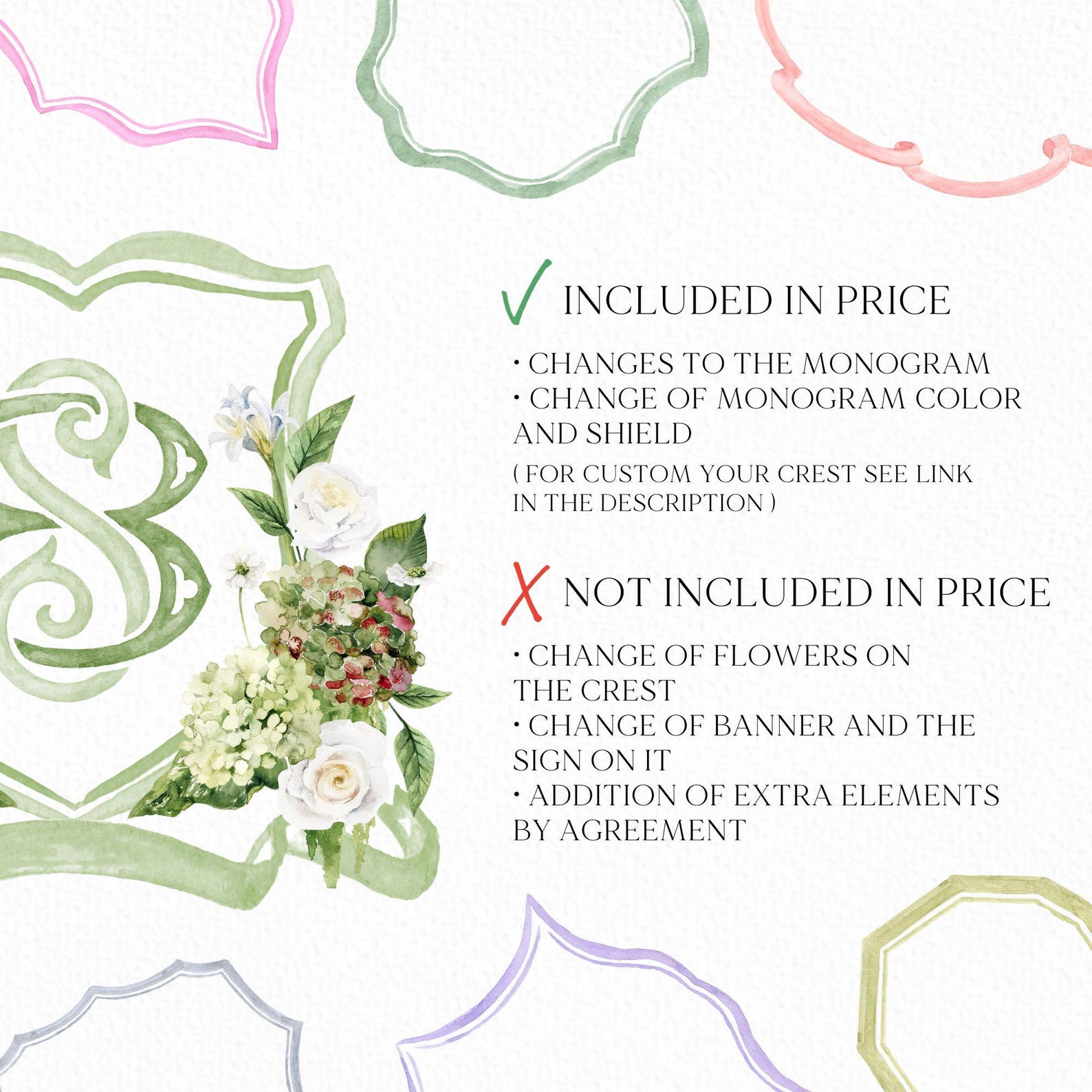 Green Hydrangea Flower Wedding Crest - Monogram Crest - Lush Bright ...