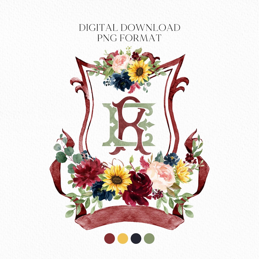 Sunflower Burgundy Red Blush Peony Rose Flower Wedding Crest - Monogram ...