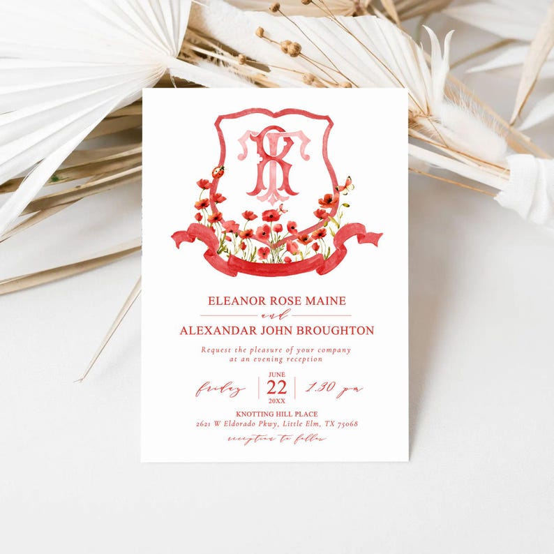Red Poppy Flower Wedding Crest - Monogram Crest - Watercolor Poppies ...
