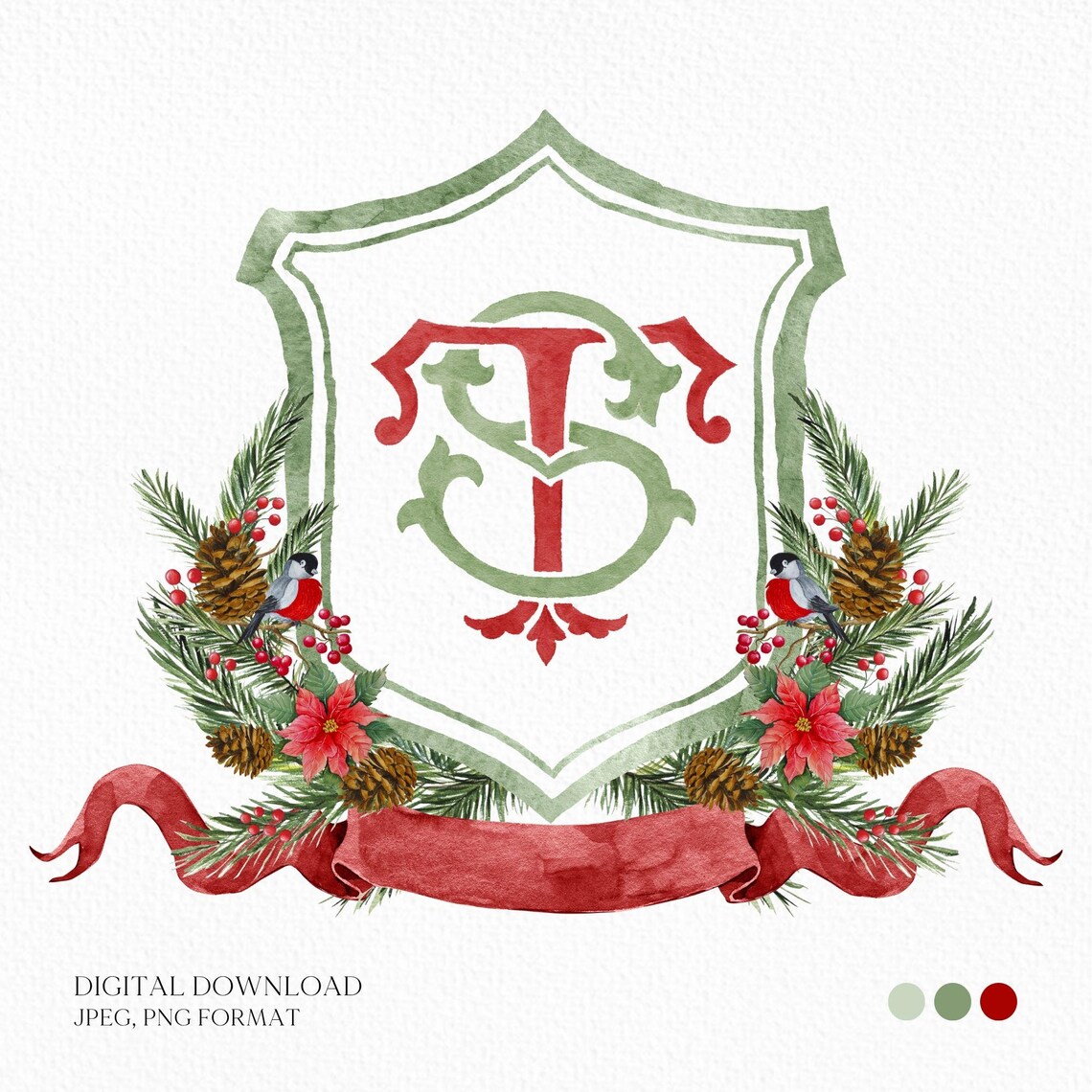 Custom Christmas Wedding Crest - Monogram Crest - Rose Hips Floral ...