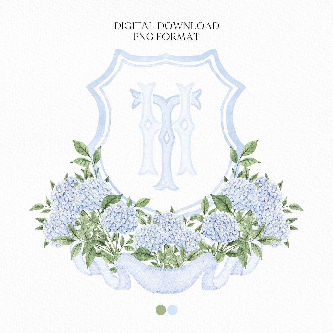 Blue Hydrangea Flower Wedding Crest - Monogram Crest - Hydrangea Light ...