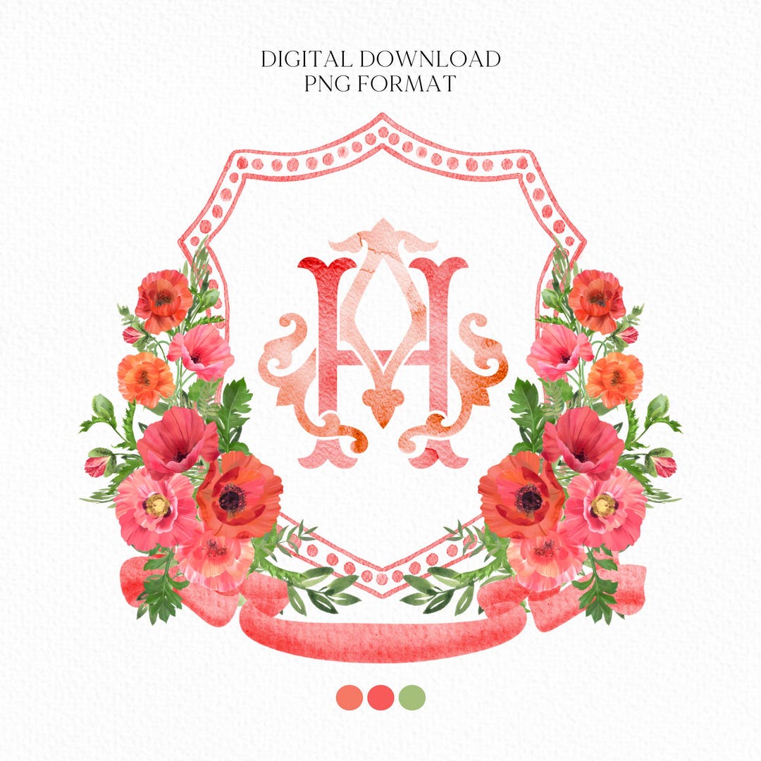 Poppy Bouquet Flower Wedding Crest - Monogram Crest - Spring Floral ...
