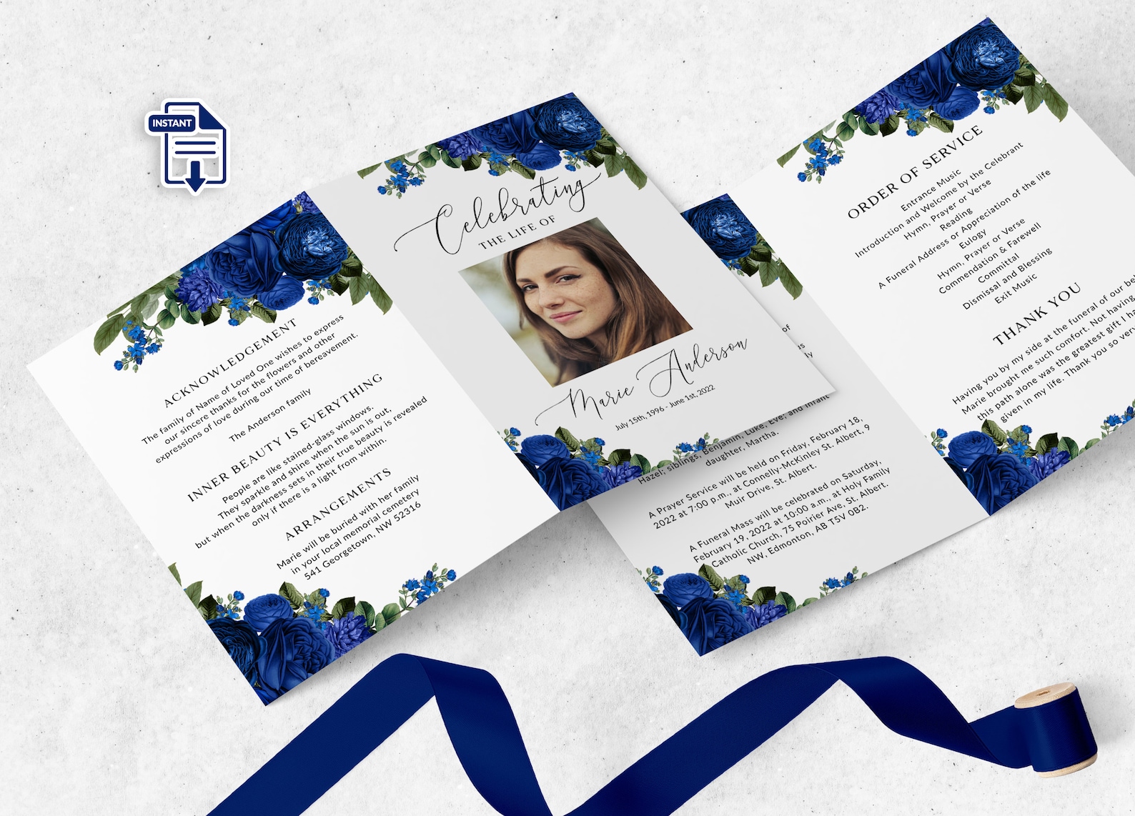 Royal Blue Funeral Program Template, Royal Blue Floral Funeral Program ...