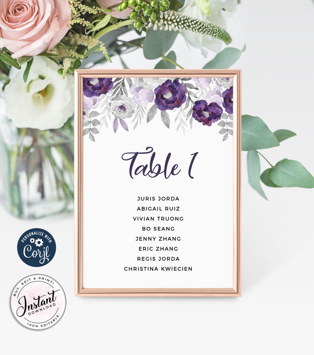 Purple and Silver Watercolor Floral Wedding Table Number, Purple Floral ...