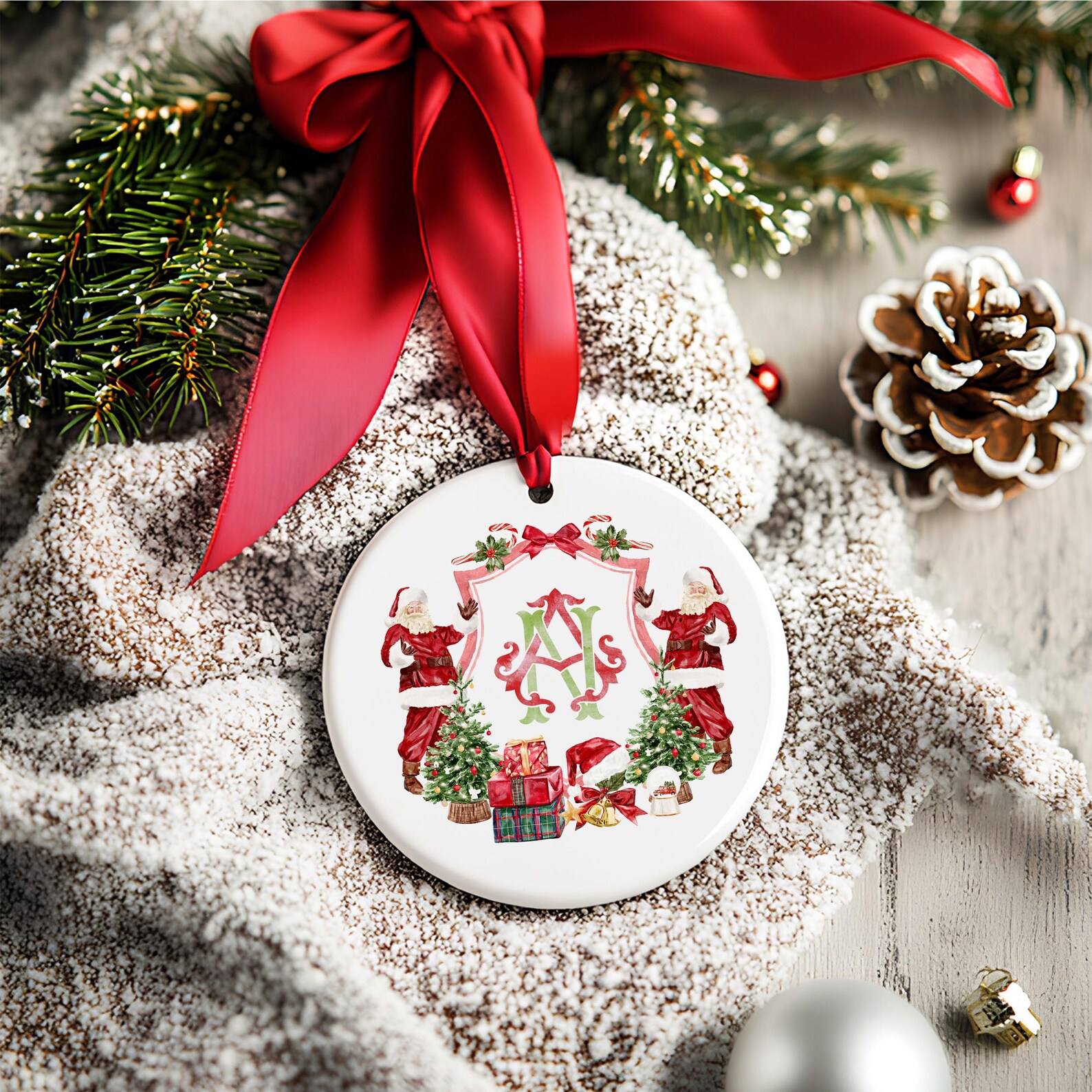 Santa Red Green Christmas Crest Monogram Crest Christmas Watercolor ...