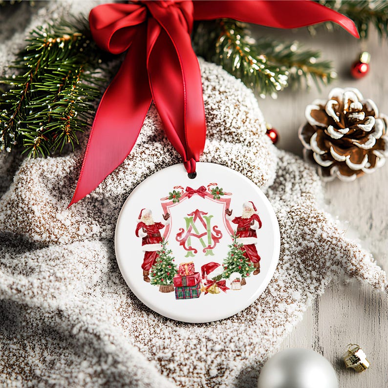 Santa Red Green Christmas Crest Monogram Crest Christmas Watercolor ...