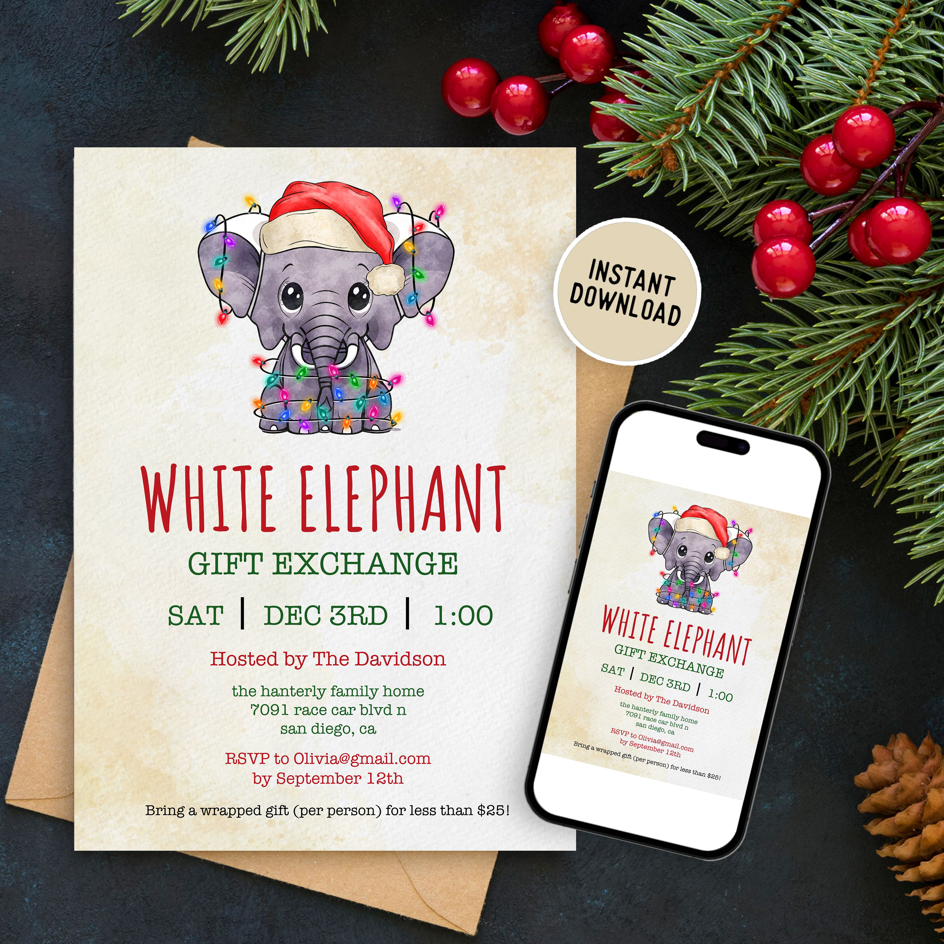 White Elephant Party Invitation Template Secret Santa - Etsy