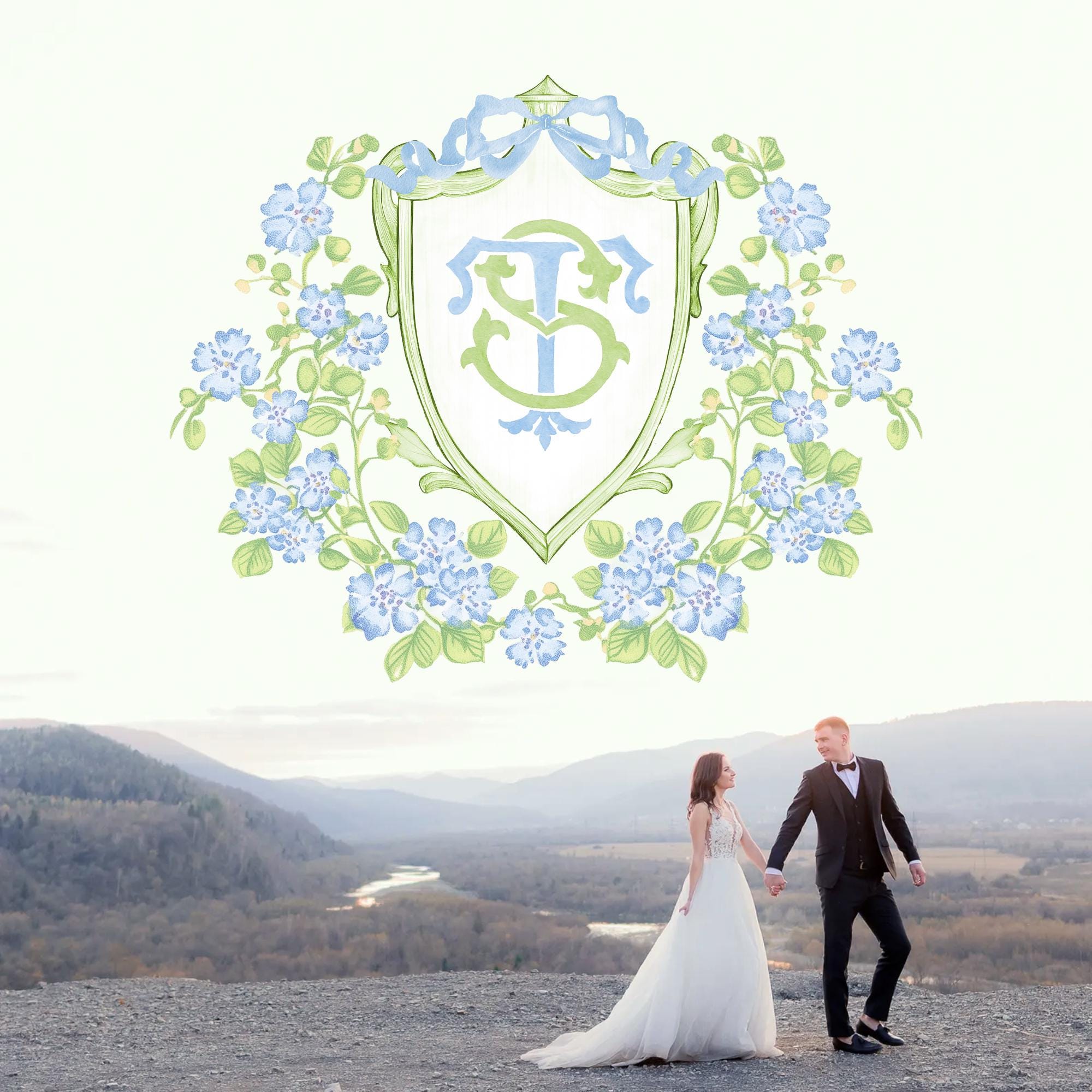 Watercolor Blue Flower Wedding Crest - Monogram Crest - Botanical ...