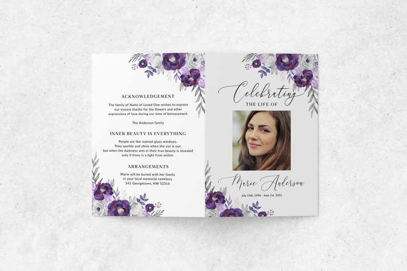 Funeral Program Template, Purple Floral Funeral Program Template ...