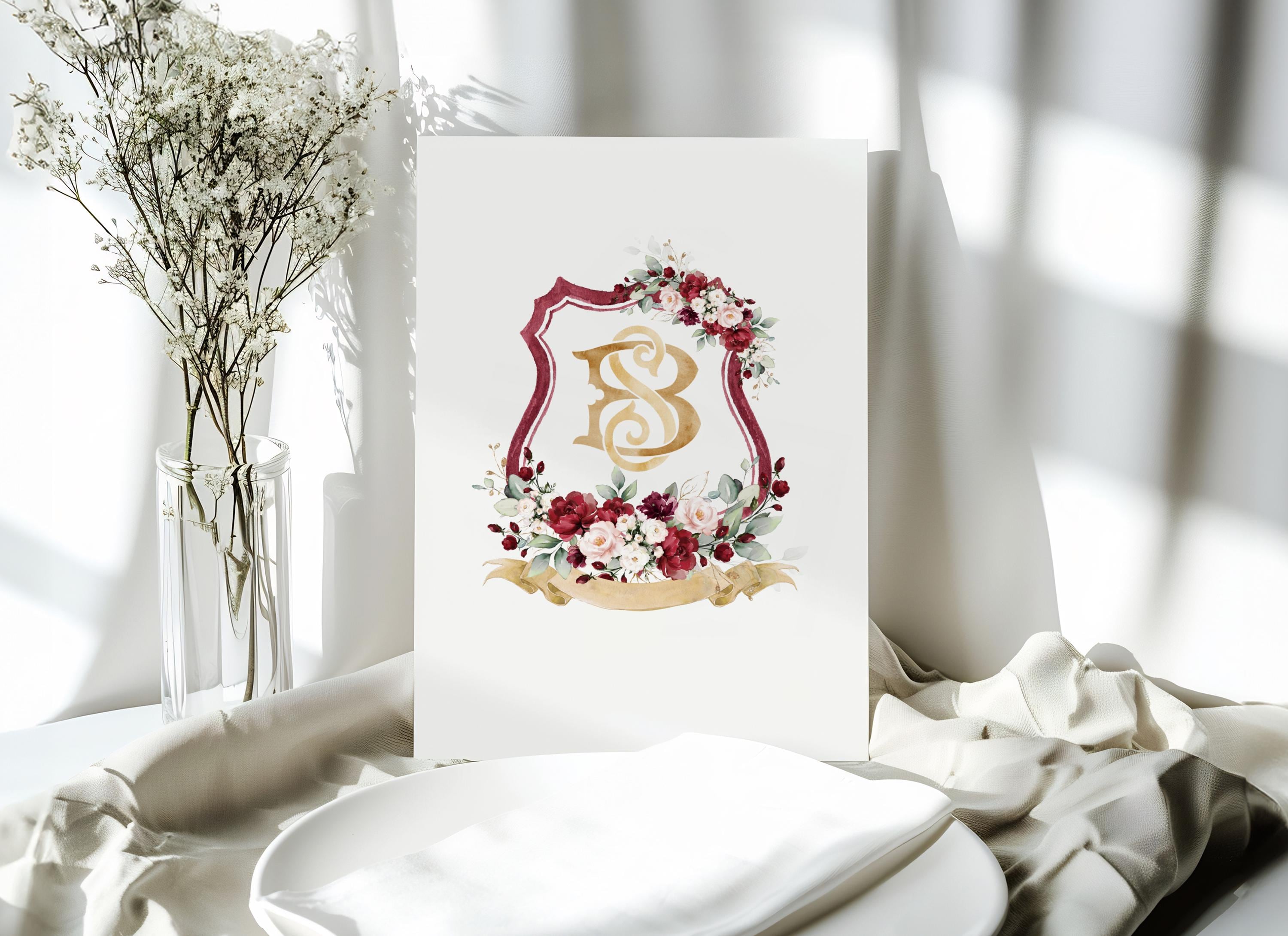 Burgundy Rose Flower Wedding Crest Monogram Crest Burgundy Floral ...