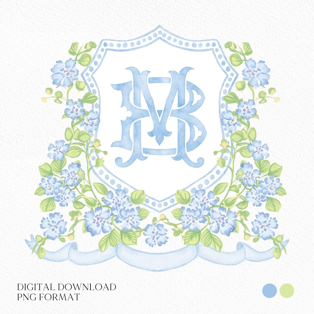 Watercolor Blue Flower Wedding Crest - Monogram Crest - Botanical ...