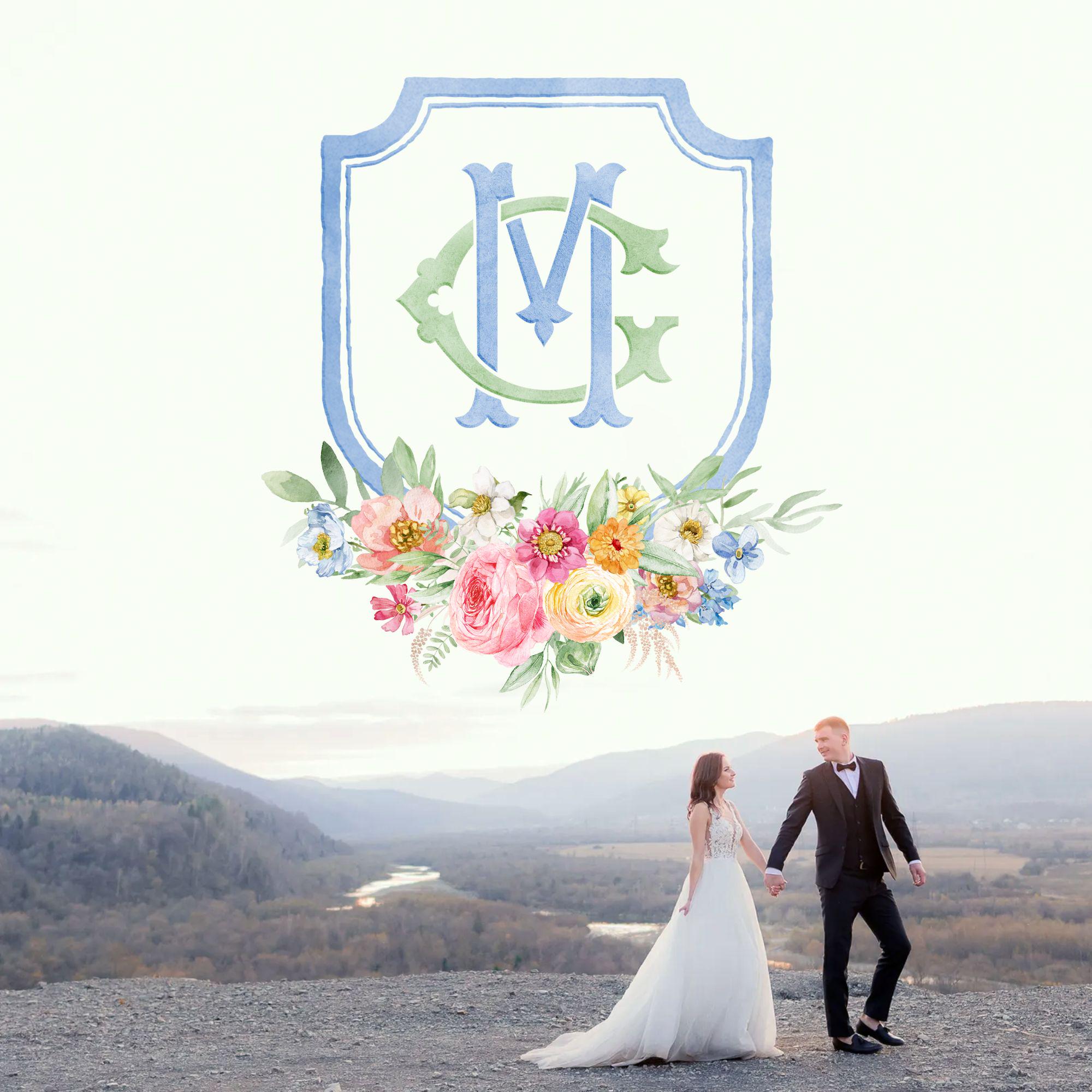 Wildflowers Bright Floral Colorful Watercolor Wedding Crest - Monogram ...