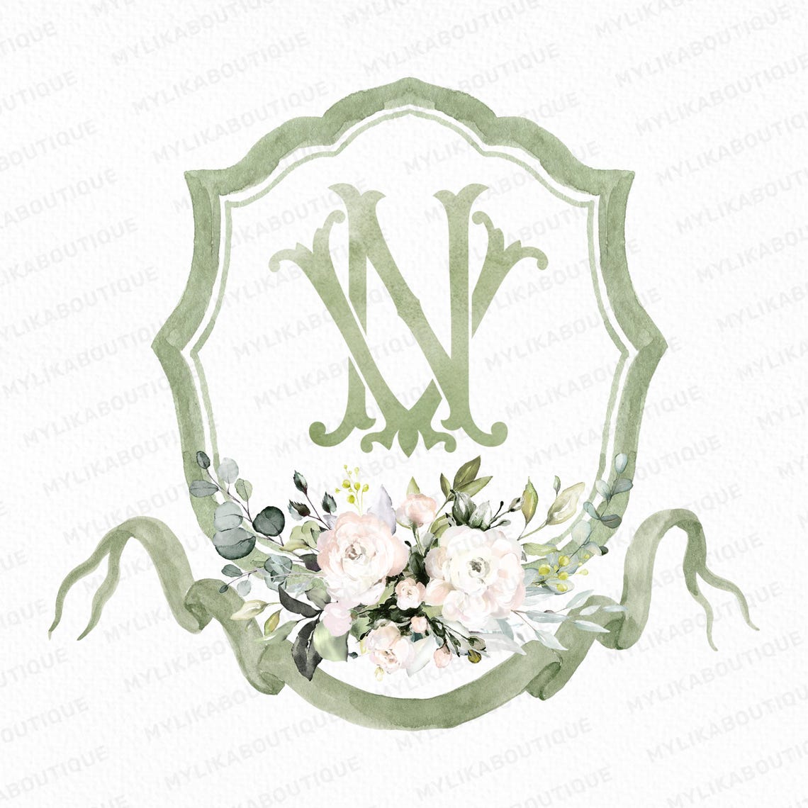 IVORY Rose Greenery Floral Flower Wedding Crest - Monogram Crest ...