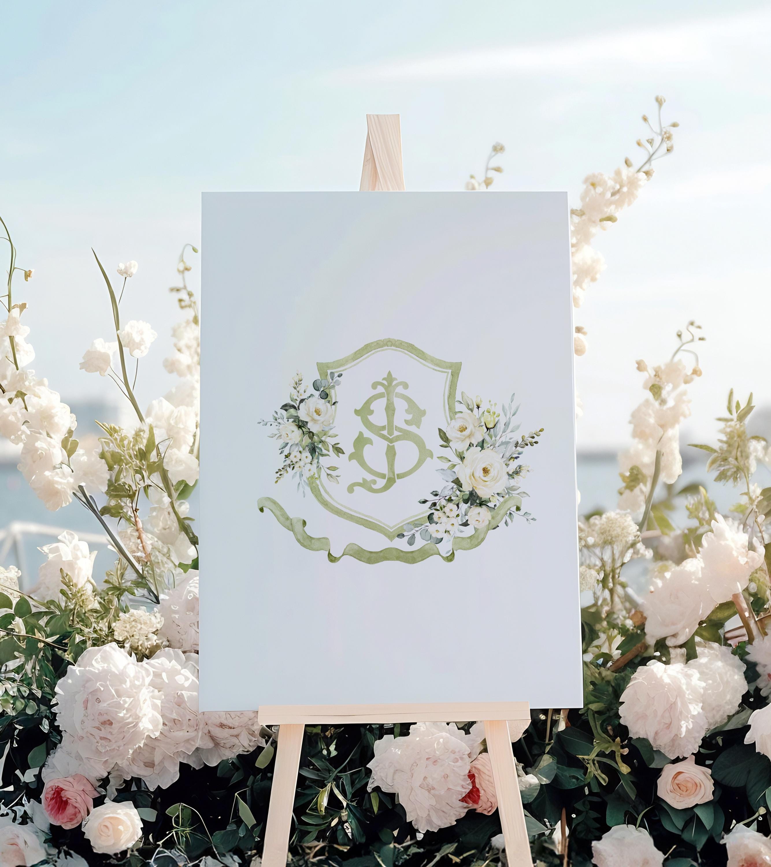 Creamy Rose Ivory Greenery Gold Flower Wedding Crest - Monogram Crest ...