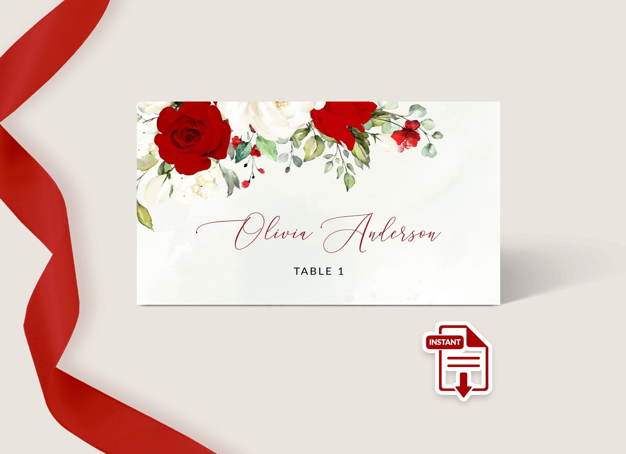 ROSIE - Printable Table Name Card, Red and White Roses Place Cards ...