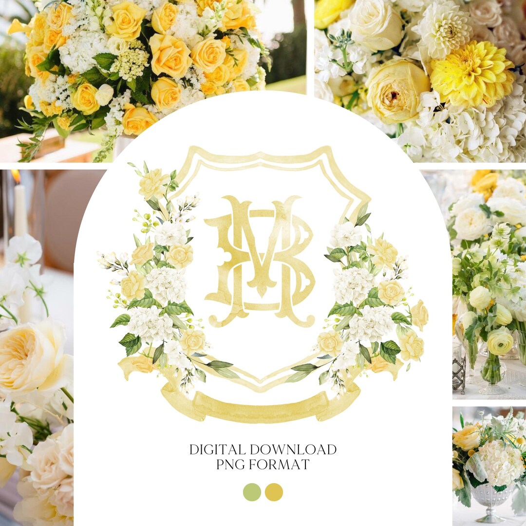 White Hydrangea Yellow Roses Flower Wedding Crest - Monogram Crest ...