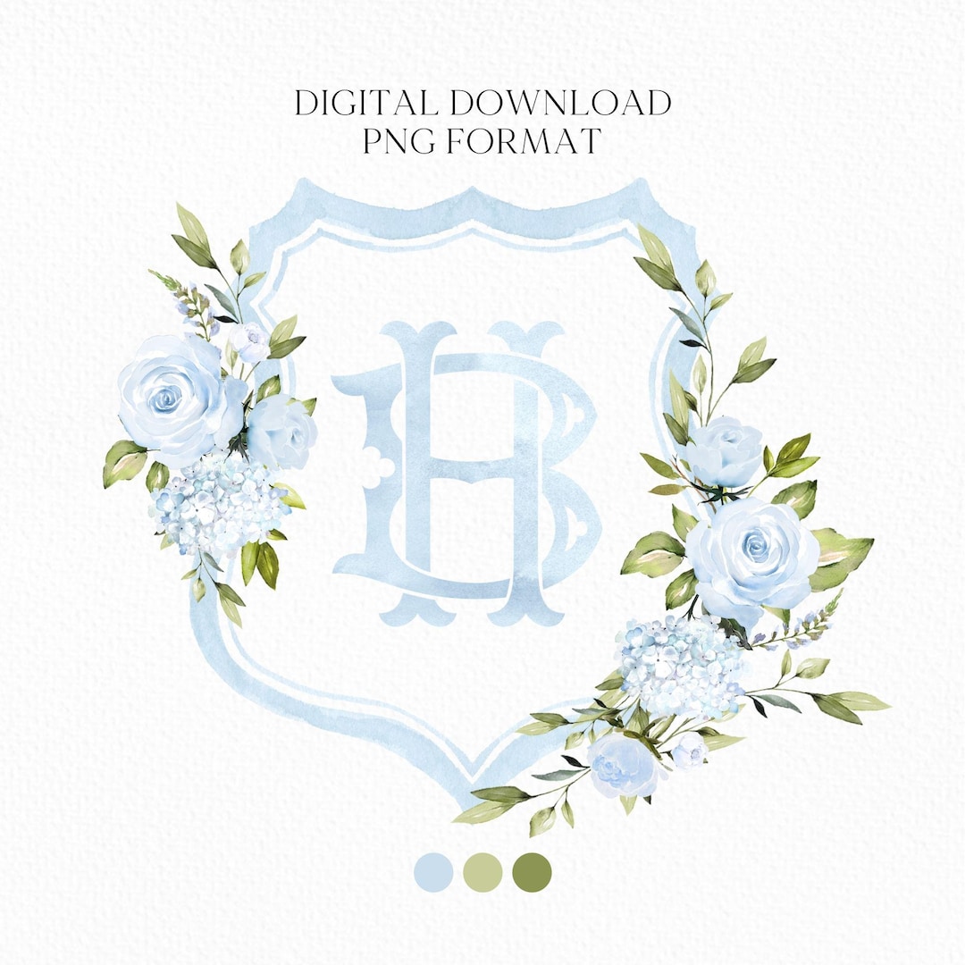 Baby Blue Roses Eucalyptus Flower Wedding Crest - Monogram Crest - Blue ...