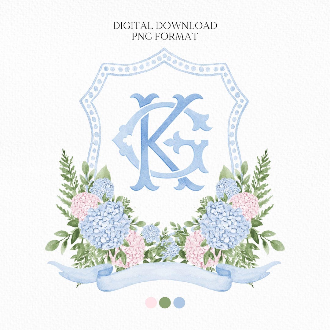 Blue Hydrangea Flower Wedding Crest - Monogram Crest - Eucalyptus ...