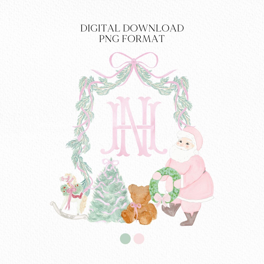 Pink Santa Pastel Christmas Crest Monogram Crest Christmas Watercolor ...